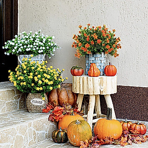 Rinlong 6Pcs Artificial UV Resistant Flowers Outdoor Fake Mums Plants Orange Plastic Flowers Plants Faux Flowers Fall Decor for Clearance Outdoor