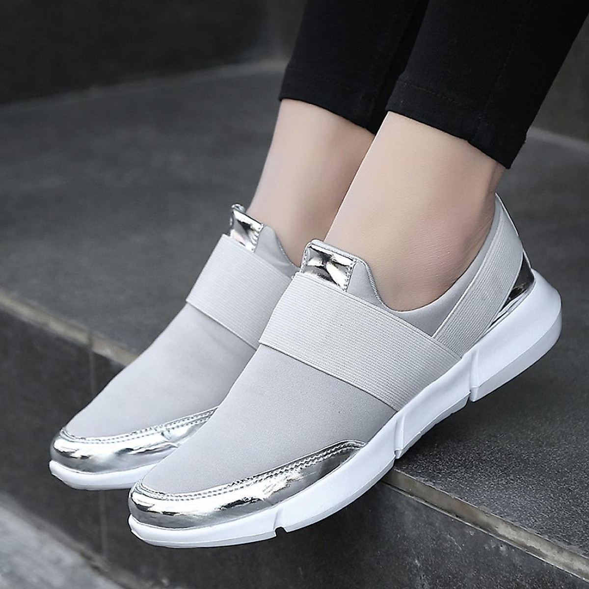 IEason-shoes, Women Mesh Casual Loafers Breathable Flat Shoes Soft Running Shoes Gym Shoes (8.5, Gray)