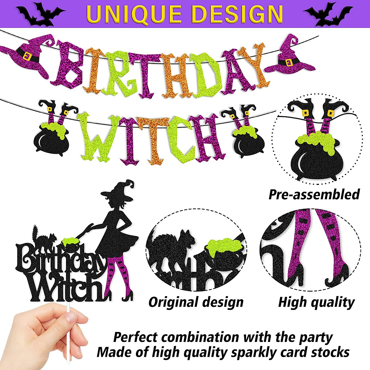 Halloween Birthday Witch Banner with Witch Cake Topper 12 Pieces 3D Bats Props Decoration 24 Pcs Balloons for Ghost Zombie Vampire Haunted House Halloween Birthday Party Supplies