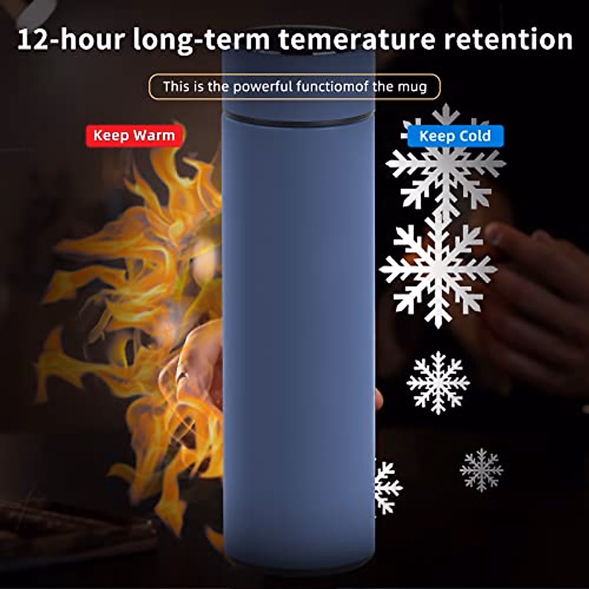 Thermos,15oz Coffee Thermos for Hot Drinks(Women,Men,Baby),Smart Sports Water Bottle with LED Fahrenheit Display,Frosted Feel,Keeps Hot for 12 Hrs,Cold for 12 Hrs(Blue)