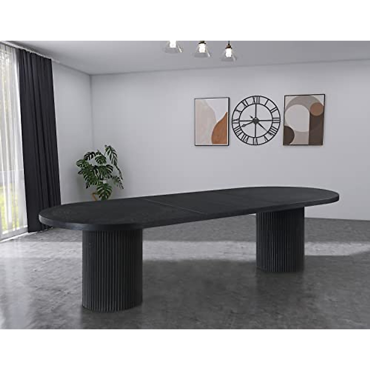 Meridian Furniture 725Black-T Belinda Collection Mid-Century Modern Solid Wood Black Oak Veneer Dining Table, Oval Design, Fluted Bases, 2 Leaves Included, 90"/106.5"/123" W x 47.5" D x 31" H, Black