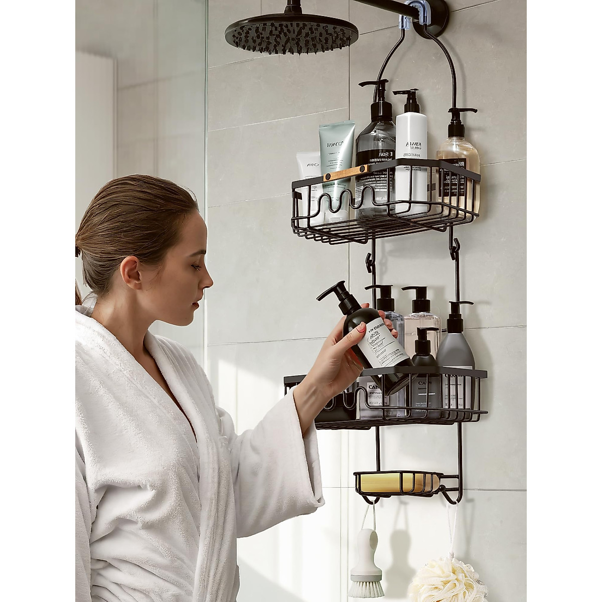 Gronda Shower Caddy Hanging Over Shower Head, Rustproof Anti-Slip Anti-Swing Black Shower Head Caddy Hanging for Inside Shower with Hooks and Adhesives