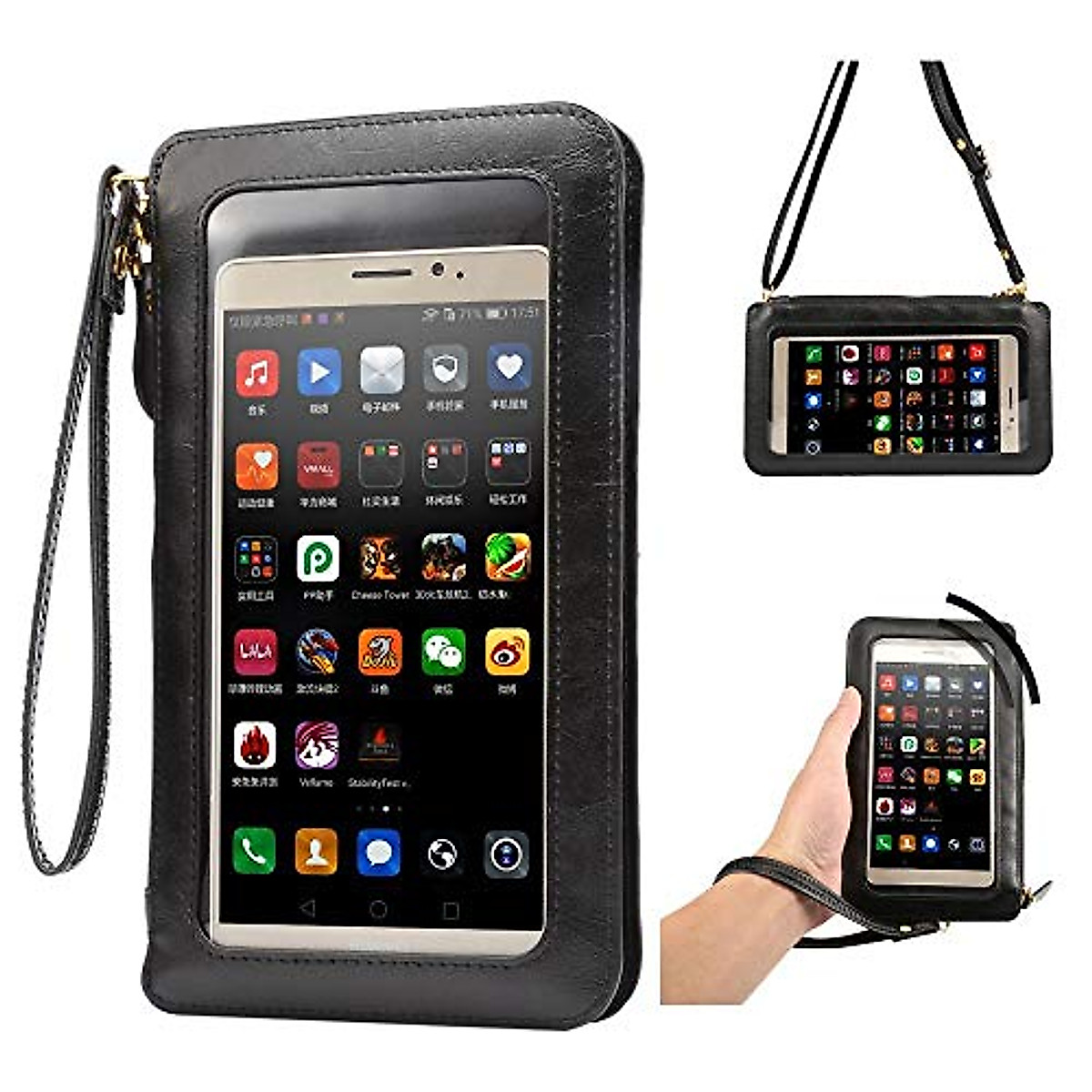 Touch Screen Crossbody Shoulder Bag Purse Pouch Wallet Case for for iPhone 14 13 Pro Max Samsung Galaxy S22 Ultra S21 S20 FE (Black)