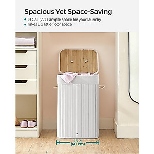 SONGMICS Foldable Laundry Hamper with Lid, 19 Gal. Bamboo Laundry Basket, Rectangular Storage Hamper with 3 Handles, 15.7 x 11.8 x 23.6 Inches, for Laundry Room, Bedroom, White ULCB010W01