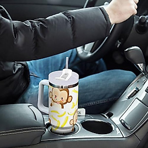 Stainless Steel Vacuum Insulated Tumbler 40 Oz with Handle and Straw, Cute Monkey Banana Travel Coffee Tumbler