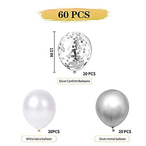 60 PCS White Silver Confetti Latex Balloons, 12 inch Silver Metallic Balloon with White Latex Balloons for Wedding Birthday Baby Shower Decorations
