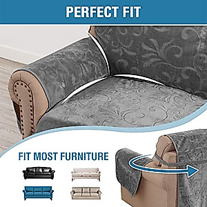 Sofa Slipcover 100% Waterproof Sofa Cover Couch Cover Premium Velvet Classic Flower Pattern Furniture Protector Non Slip with Elastic Straps for Pets Dogs Width Up to 72 Inch (Large Sofa, Grey)