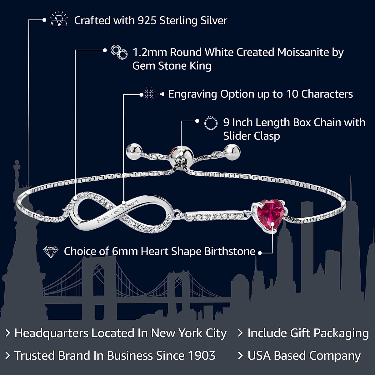 Gem Stone King 925 Sterling Silver Heart Shape 6MM Gemstone Birthstone and White Moissanite Infinity Tennis Bracelet For Women Fully Adjustable Up to 9 Inch