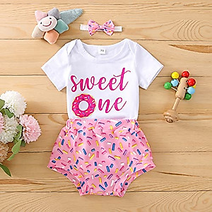 AISLUBXM Baby Girl Birthday Donut Outfit Short Sleeve Sweet One Romper Doughnut Shorts/Flared Pants Headband 3Pcs Set (Shorts, 9-12 Months)