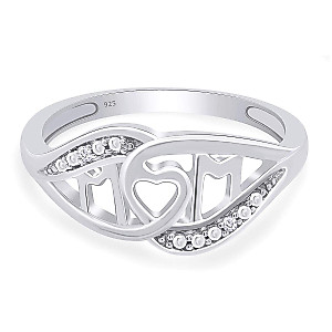 Round Cut White Natural Diamond Accent "MOM" Ring In 14k White Gold Over Sterling Silver Jewelry For Her Women (I-J Color, I2-I3 Clarity, 0.01 Cttw) Ring Size-6