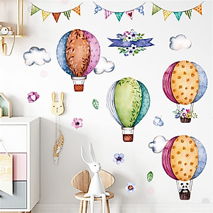 WAFT YEARN Waterproof Removable Vinyl PVC Hot Air Balloon Flower Wall Decal Wall Sticker Decor Bedroom Bathroom Nursery Kidsroom School Classroom Livingroom