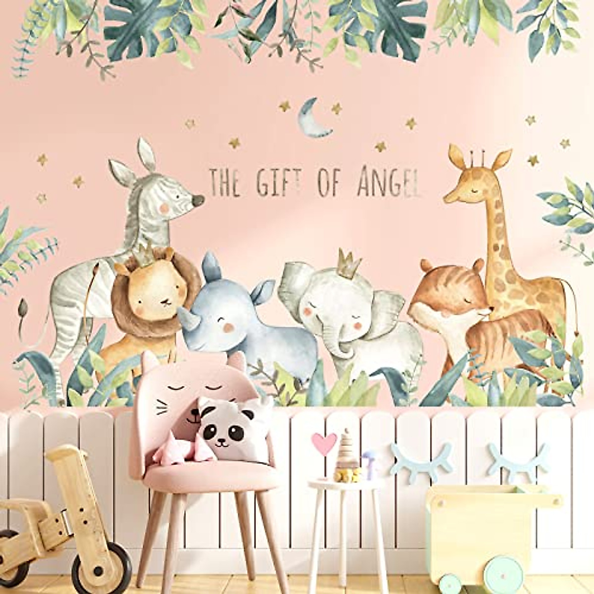 Animals Wall Sticker Green Leaves Wall Decal Cute Elephant Giraffe Zebra Wall Decals Cartoon Moon Stars Wall Mural for Nursery Kids Room
