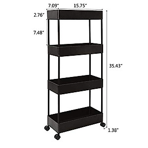 JAKAGO 4-Tier Utility Rolling Storage Cart Slim Mobile Shelves on Wheels Multi-Function Trolley with Mesh Basket Storage Organizer Rack for Kitchen Pantry Bathroom Laundry (Black)