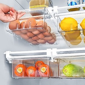 FineNoke Fridge Drawer Organizer,Refrigerator Organizer Bins,Fridge Storage Box Shelf Holder,Pull Out With Handle,Clear Container For Food,Drinks,Fit for Fridge Shelf Under 0.6" (2-Pack,4-grid)