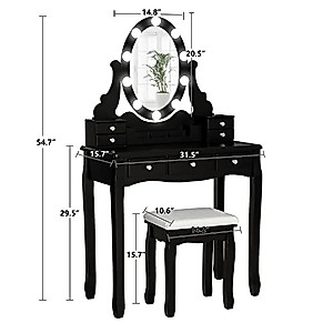 Quimoo Large Vanity Desk with LED Lighted Mirror & Power Outlet,Makeup Vanity Table with 7 Drawers,4 Shelves and 8 Hooks,for Bedroom,Bathroom,Black
