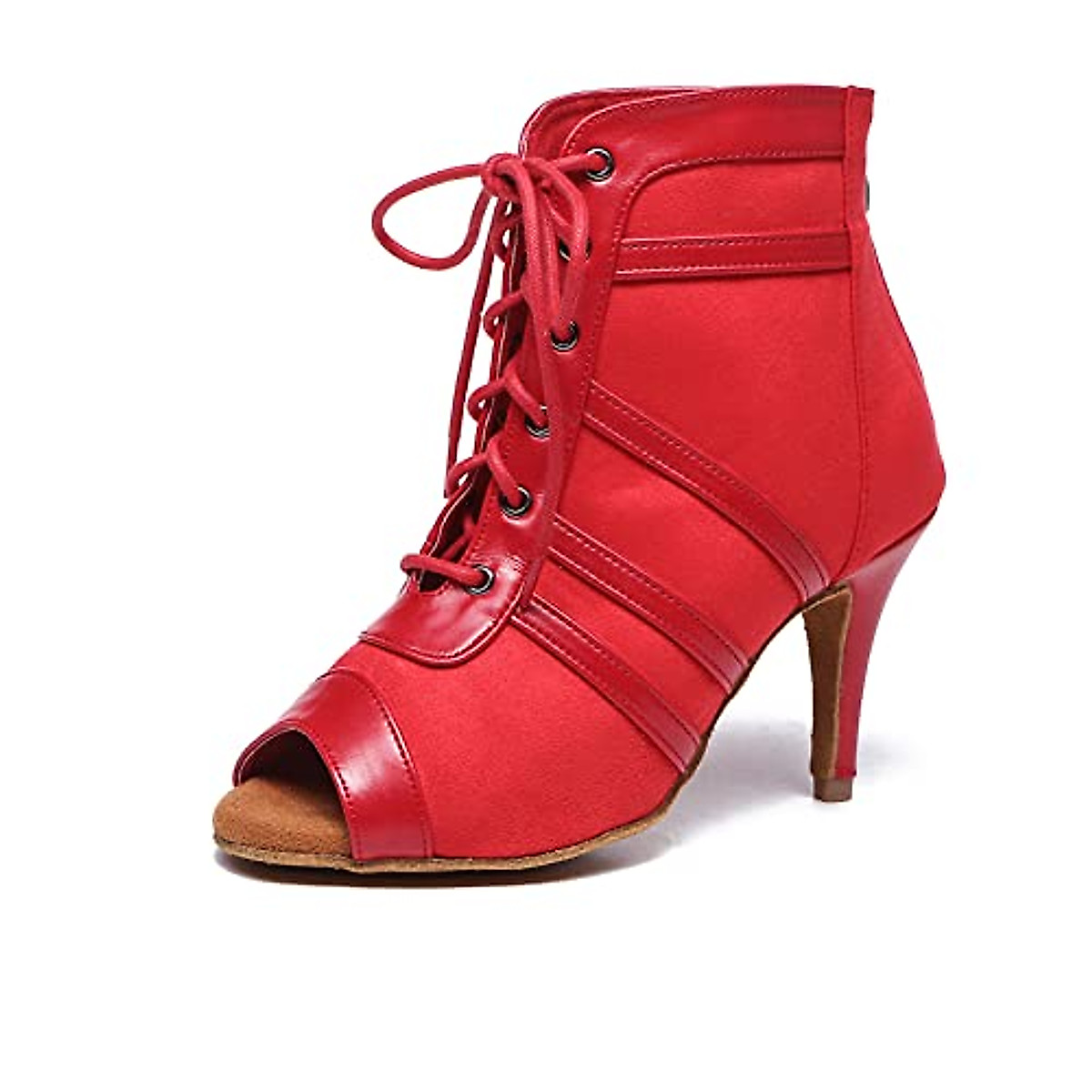 HROYL Women Peep Toe Dance Boots with Lace-up Latin Salsa Ballrooom Performence Practice Dance Shoes Rubber Sole,L541-Red-6.5,US 9