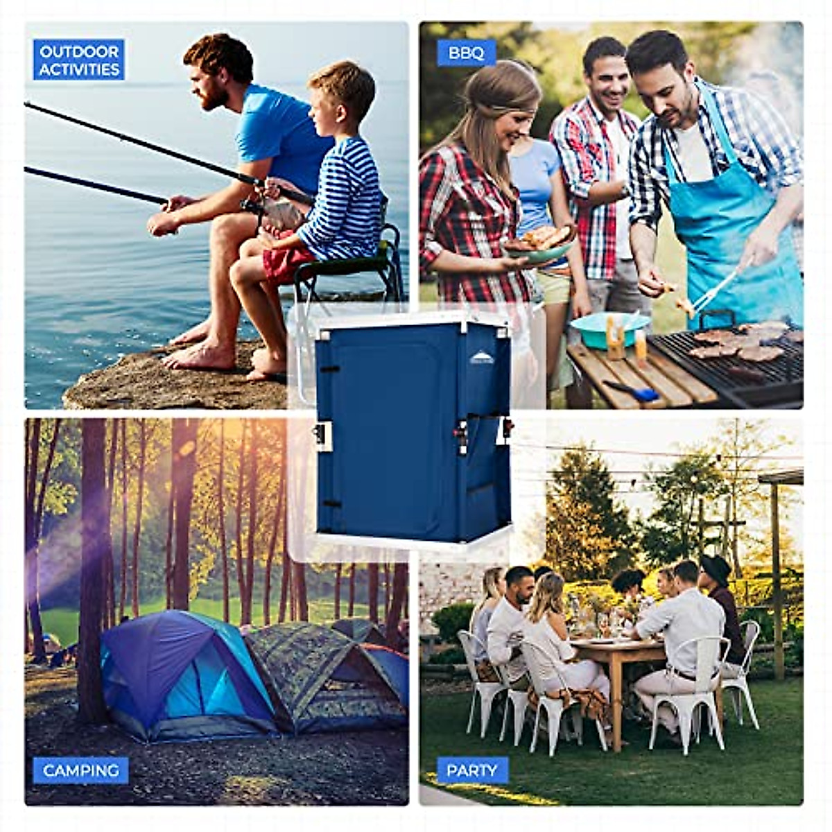 EAGLE PEAK Outdoor Camping Pop Up Folding Table with Large 3-Tier Storage Organizer and Side Pockets, Easy Set Up Portable Lightweight Aluminum Camping Kitchen, Blue