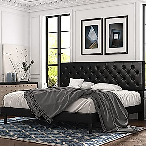 Allewie King Bed Frame with Adjustable Diamond Stitched Button Tufted Headboard/Faux Leather Upholstered Platform Bed with Easy-Assembly Wood slats, Black