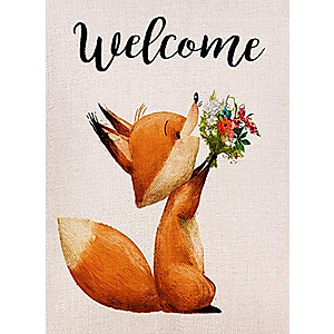 Welcome Garden Flag Cute Little Fox with Floral Bouqet Double Sided Decorative Small Yard Decor Flags 12 X 18 Inch
