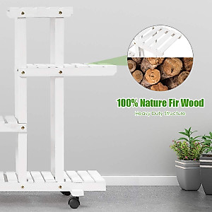 S AFSTAR Wooden Flower Rack with Wheels, 4-Tier Plant Stand, Multifunctional Bonsai Display Shelf for Living Room Balcony Patio Yard (White)