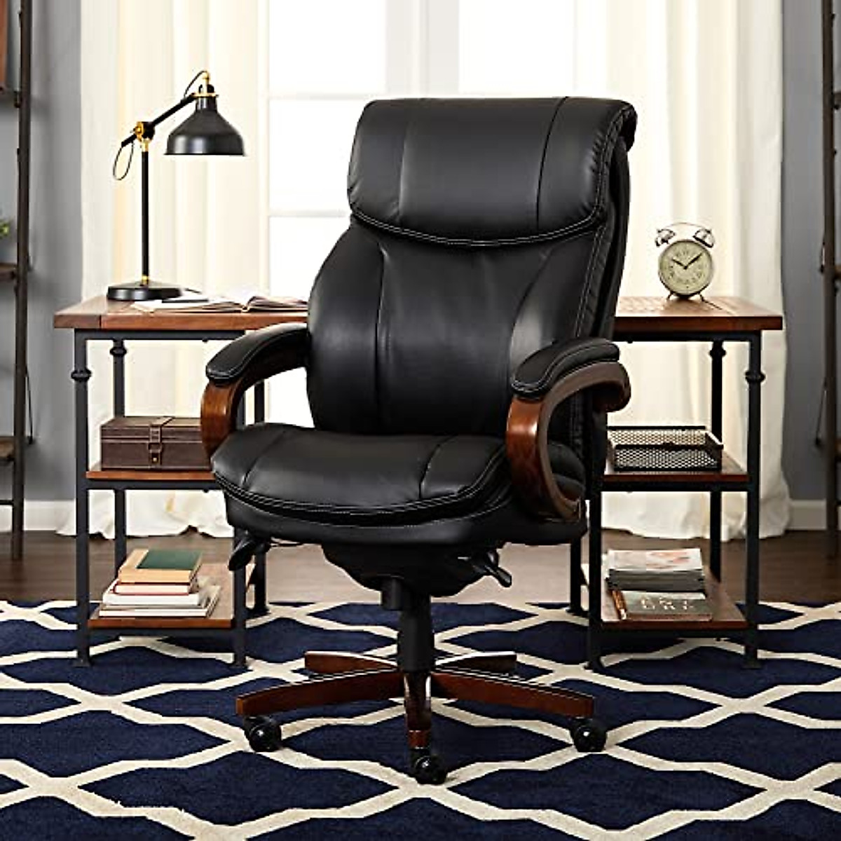 La-Z-Boy Trafford Big and Tall Executive Office Chair with AIR Technology, High Back Ergonomic Lumbar Support, Black Bonded Leather