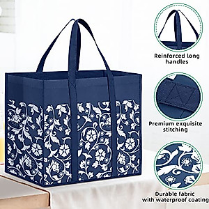 WOWBOX Reusable Grocery Bags Foldable Tote Bags Bulk with Reinforced Handles Shopping Bags for Groceries Heavy Duty Large Bags Kitchen Reusable Grocery Bags with Waterproof Coating 4-Pack, Blue