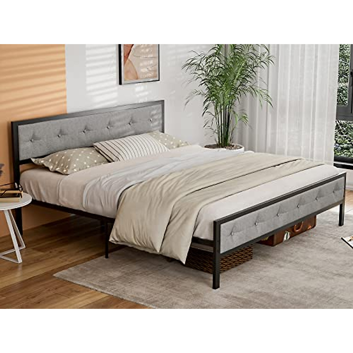 IKIFLY Metal California King Size Bed Frame with Upholstered Linen Headboard Footboard, Mattress Foundation, Heavy Duty Metal Slats, Easy Assembly, No Box Spring Needed - Light Grey/Cal King