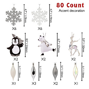 Every Day is Christmas Deluxe 80 Piece Set of Shatterproof Ornaments, Full Tree Ornament Set, Christmas Balls and Decorations (Silver White)