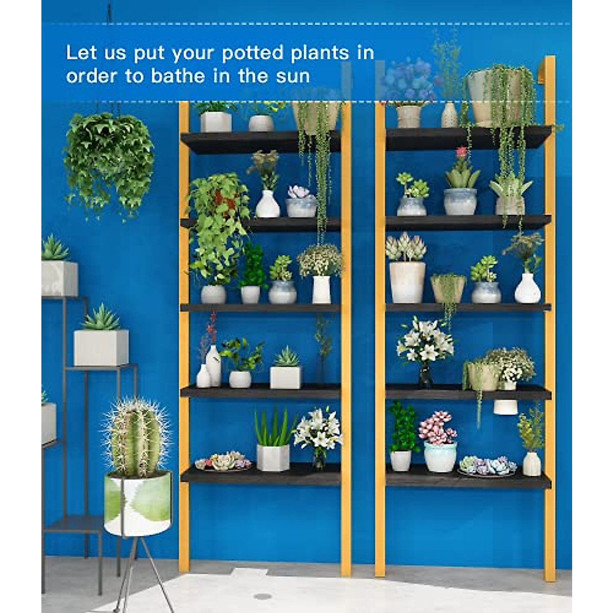 DKLGG 5-Tier Book Shelf Rack Against The Wall, Tall Ladder Shelf Wooden Bookcase Metal Frame Storage Plant and Flower, Single Standing Bookshelf Ladder ​for Living Room, Bedroom, Balcony, Home Office