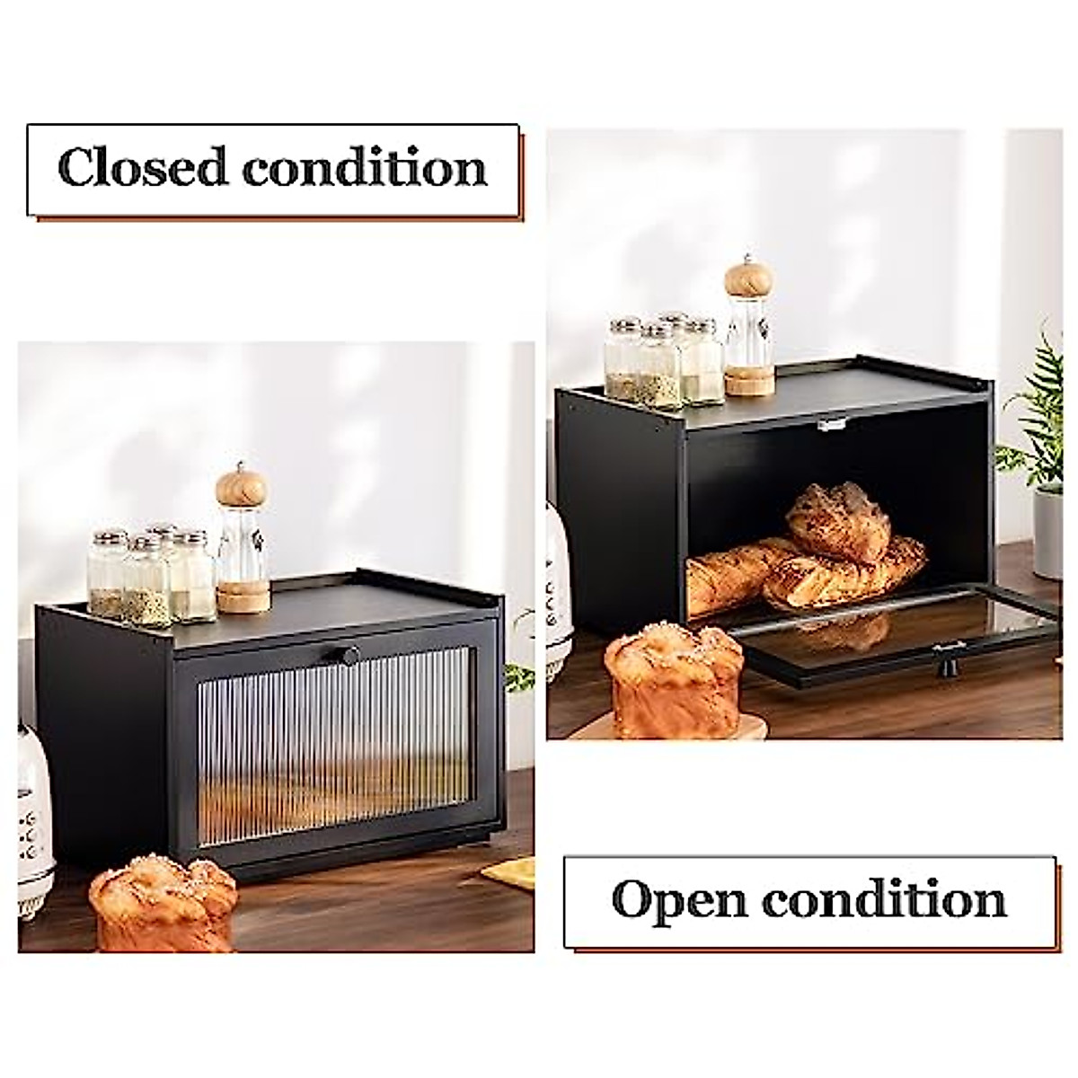 Bamboo Bread Box for Kitchen Counter-Large Capacity Bread Storage Container Farmhouse Bread Box with Window Bread Holder,Bread Storage Bin. (Black)