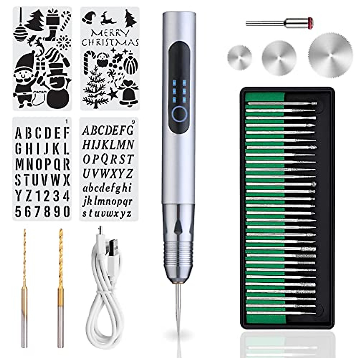 Newest USB Rechargeable Engraving Pen with 35 Bits and 4 Stencils,Mini Electric Engraving Machines Engraver Pen Etching Pen Cordless Rotary Tools Engraved Jewelry Glass Metal Wood Resin