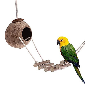 TOLMIOW 9 Pieces Parrots Chewing Natural Wood and Rope Bungee Bird Toy for Anchovies, Coconut Hideaway with Ladder ,Bird Perch Stand, Bird Cage Accessories, Parakeets, Cockatiel, Conure, Mynah, Macow