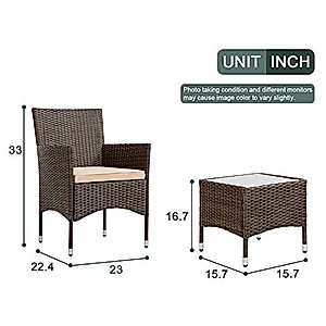 3 Pieces Patio Furniture Set Outdoor Wicker Bistro Set Rattan Chair w/ Thickened Cushions & Table Conversation Sets Patio Sofa Wicker Table Set for Yard Backyard Lawn Porch Poolside Balcony, Khaki