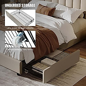 Queen Size Upholstered Platform Bed Frame with 2 Storage Drawers & Adjustable Rivets Headboard, Linen Bed Frame with Extra Dome Bed Canopy for Boys Girls Teens Adults, No Box Spring Needed (Beige)