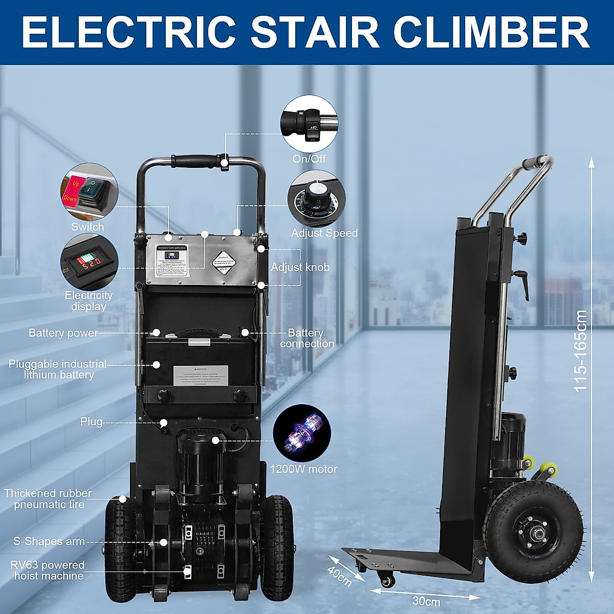 CAMINI 880lbs Capacity Heavy Duty Stair Climber, 1200W Powered Motor Electric Stair Climbing Hand Trucks Dolly Cart for Moving, Electric Stair Climbing Dolly for House Logistics Warehouse(Black)