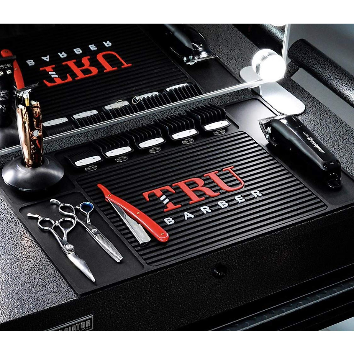 TRU BARBER Organizer Mat 18" X 13” (BLACK) Flexible PVC Station Mat, Salon Barbershop work station pads, Beauty salon tools, Counter mat for clippers, anti slip