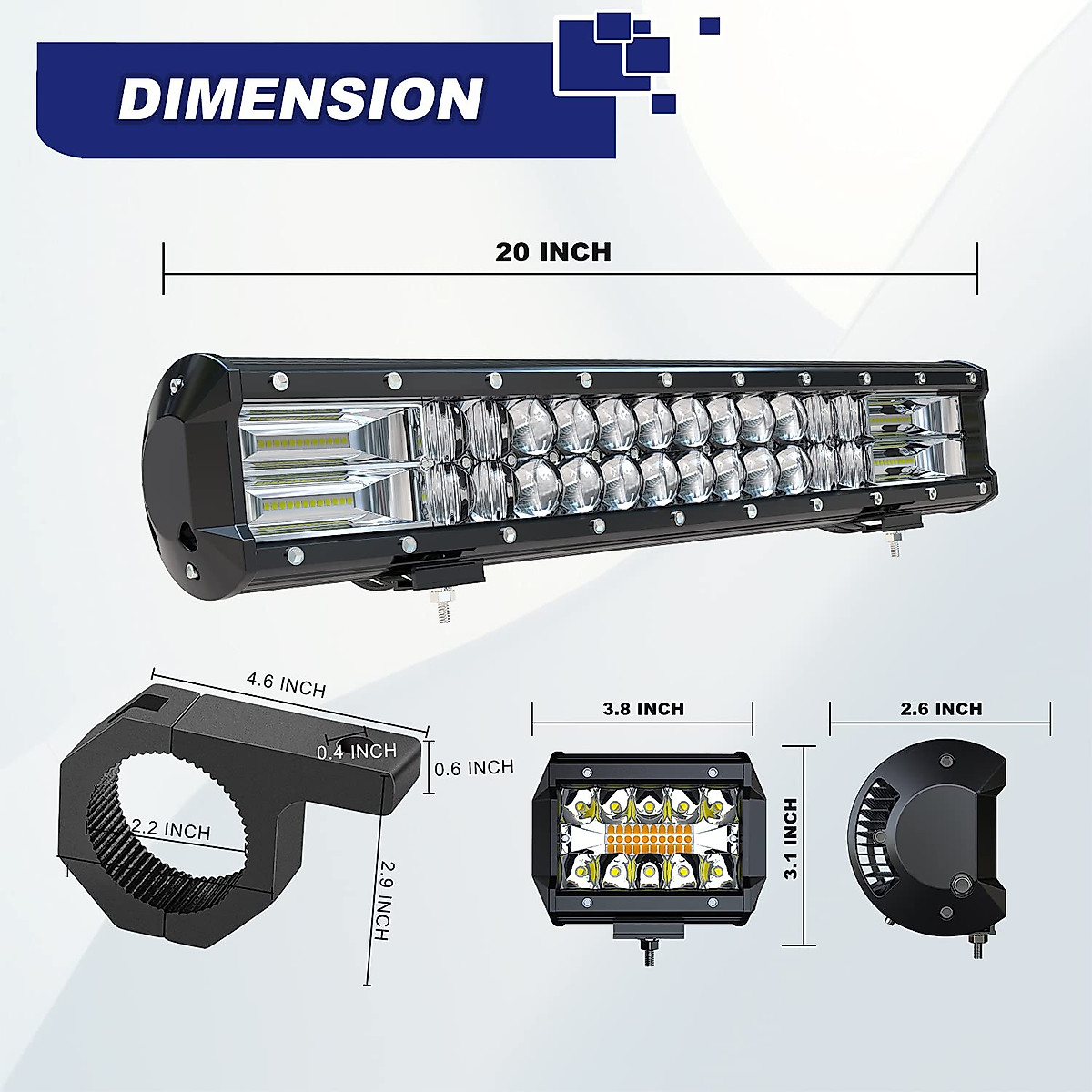 ASLONG 20 Inch LED Light Bar Combo Beam Offroad Driving Light + 2x 4inch White/Amber Yellow LED Pods Strobe Lights + Tube Clamp Mounting Bracket UTV Flag Mount Whip Light Mount w/Wiring for Pickup 4WD