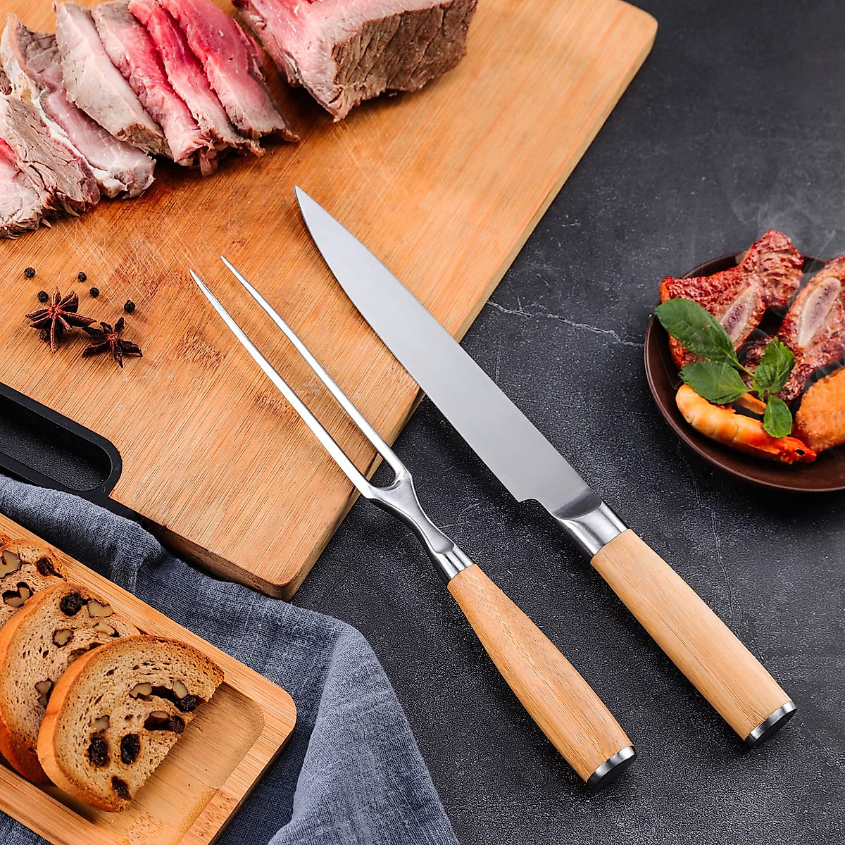 WEQUALITY Carving Knife and Fork Set with Bamboo Handles,Meat Turkey Carving Set，Premium Molybdenum Vanadium Steel Meat Slicing Knife with Meat Fork,Gift Box Packing