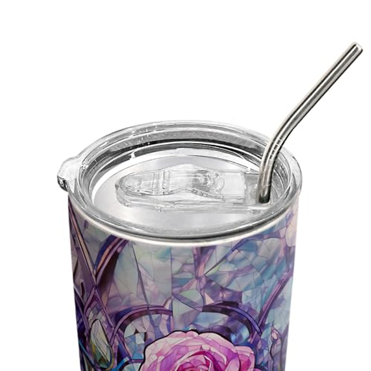 ORCAE 20oz Colorful Rose Flower, Crystal Stained Glass Style Flowers, Pink Purple Rose Tumbler Cup, Insulated Travel Mug with Lid, Coffee Thermos for Women, Gifts for Women - M