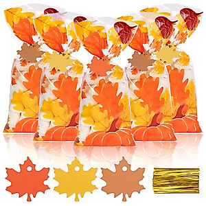 Whaline 120Pcs Fall Cellophane Bags with 120Pcs Gold Twist Ties and 120Pcs Maple Leaf Tags Autumn Candy Cello Bag Plastic Pumpkin Treat Goodie Bag for Thanksgiving Party Favor Autumn Party Supplies