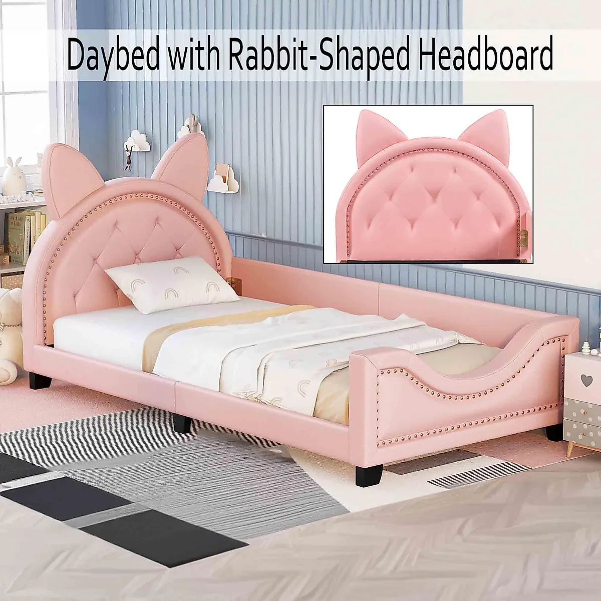 RIDFY Daybed with Headboard, Rabbit-Shaped Camas, Wood Twin Platform Bed Frame for Girls Boys, Cute Upholstered Sofa Bed, PU Leather, Space-Saving, No Box Spring Needed (Pink)