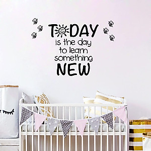 ANFRJJI Love Learning, Start Now Inspirational Words Wall Decal - Little Bee and Sun Smile PVC Removable Wall Sticker for Student and Kids Room Decor -Effect 26"x37"inch (black-JWH255-Today)
