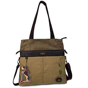 CHALA Canvas Convertible Stripe Work Tote with Chala Key-Fob in Light Olive (Wiener Dog on Scooter)