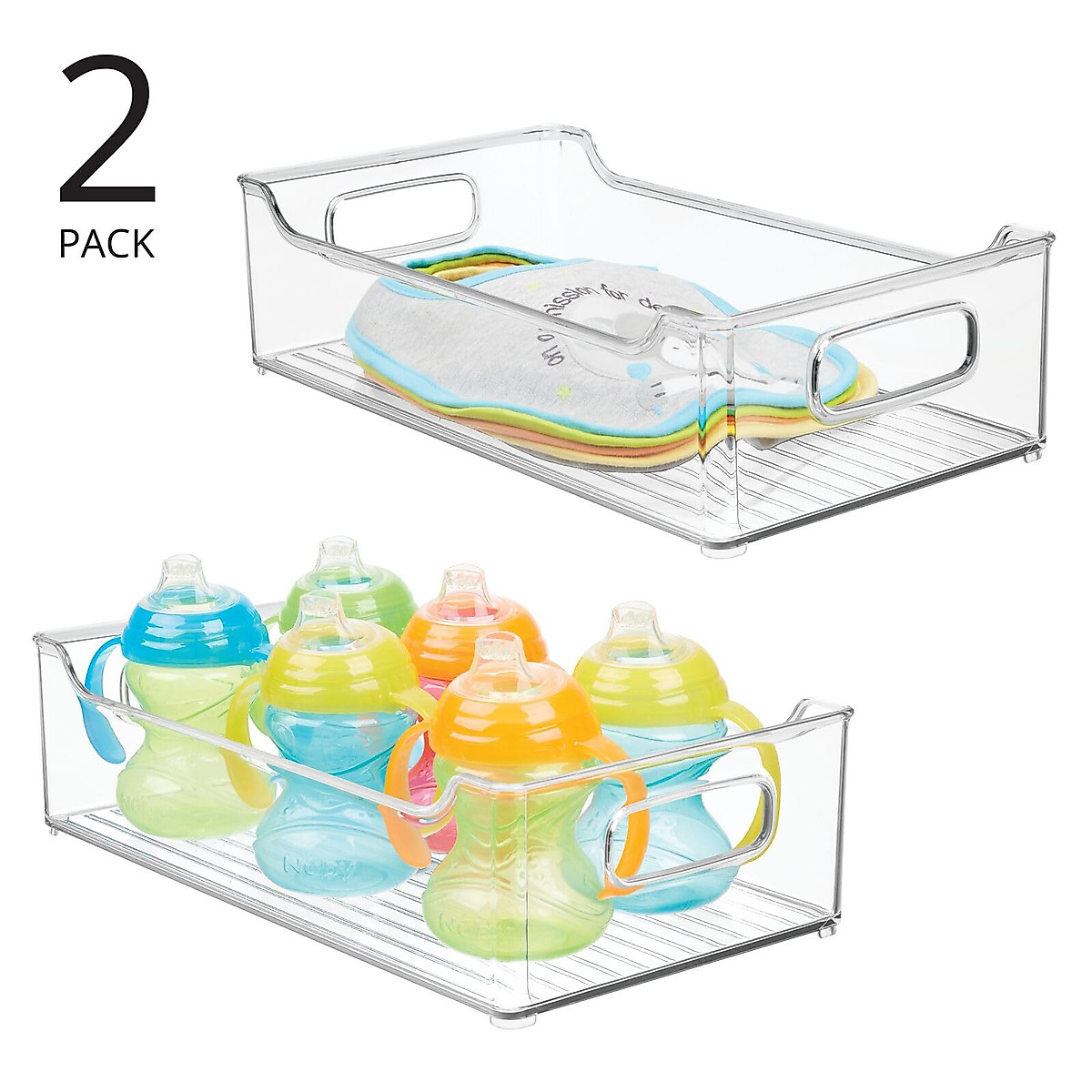 mDesign Wide Plastic Nursery Storage Container Bins with Handles for Organization in Cabinet, Closet or Cubby Shelves - Organizer for Baby Food, Bibs, Formula, and Burp Cloths - 2 Pack - Clear