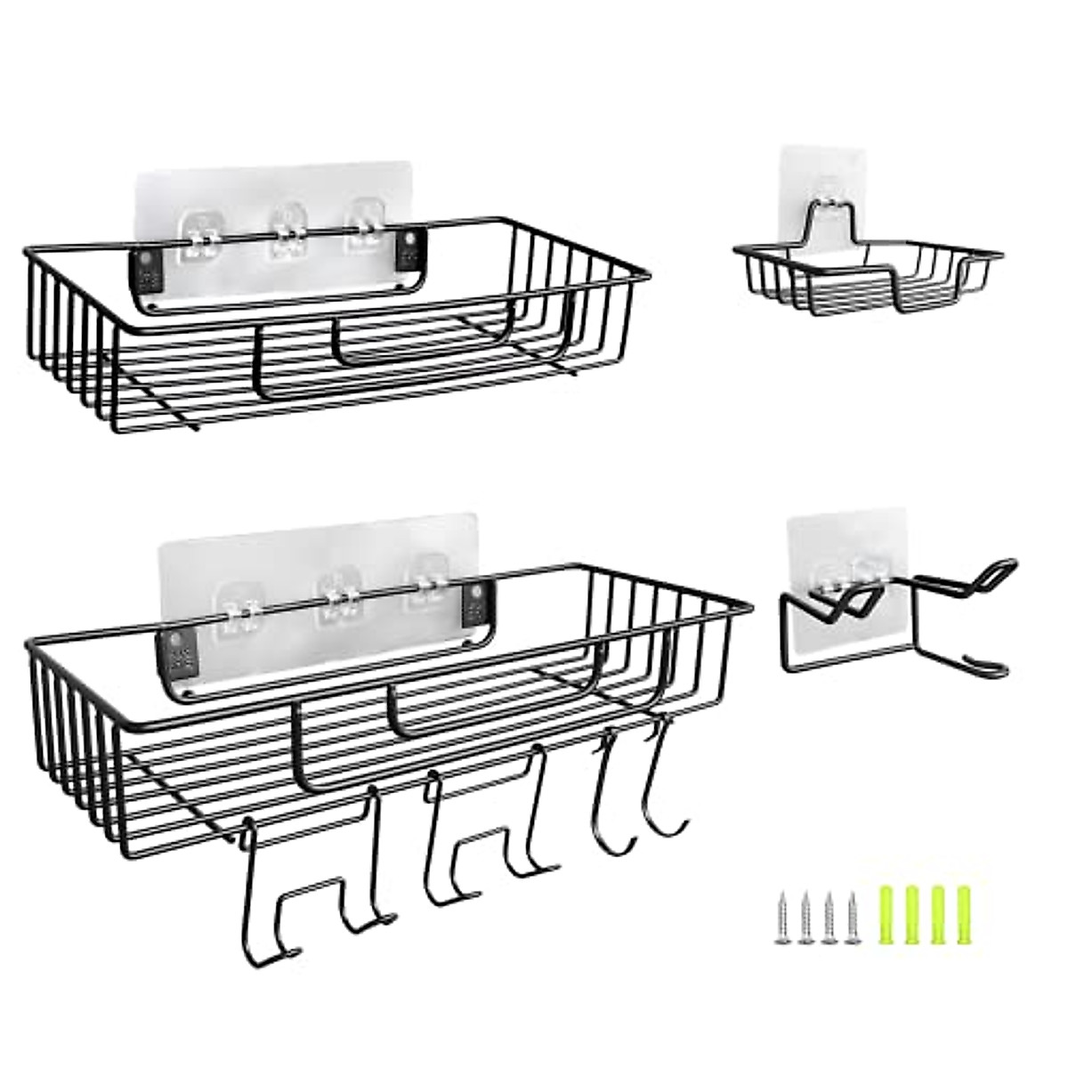 EATAKWARD 4 Pack Shower Caddy Basket Shelf with Soap Dish,Hair Dryer Holder &Hooks Strong Adhesive Wall Mounted Shelf Organizer Storage Rack 304 Stainless Steel Shelves for Bathroom Kitchen, Black