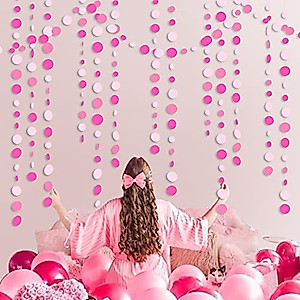Hot Pink Party Decorations Circle Dots Garland Rose Pink White Hanging Paper Polka Dots Streamer for Birthday Bachelorette Engagement Wedding Baby Bridal Shower Anniversary Minnie Theme Party Supplies