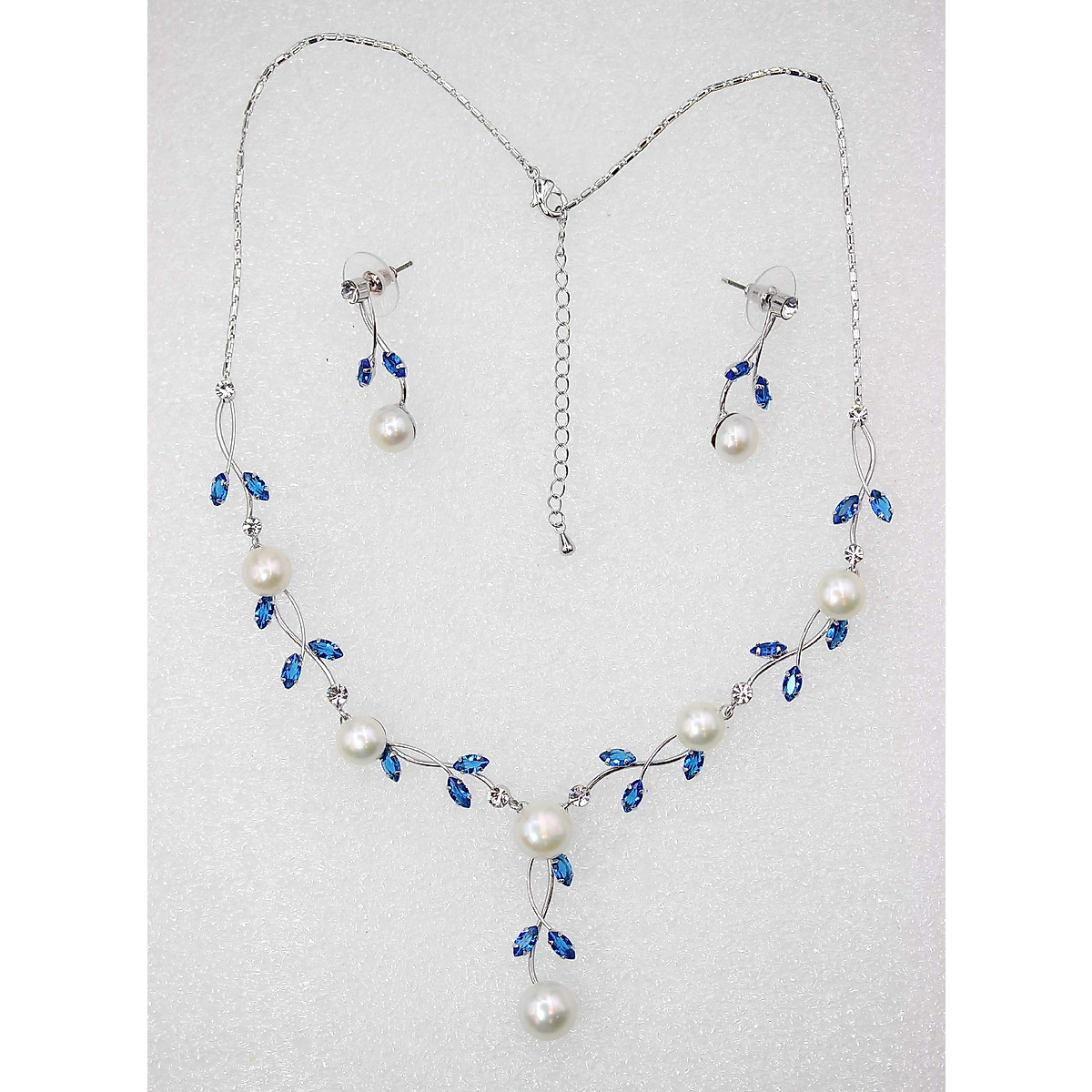 Faship Gorgeous Blue CZ Crystal Genuine Freshwater Pearls Floral Necklace Earrings Set - Blue