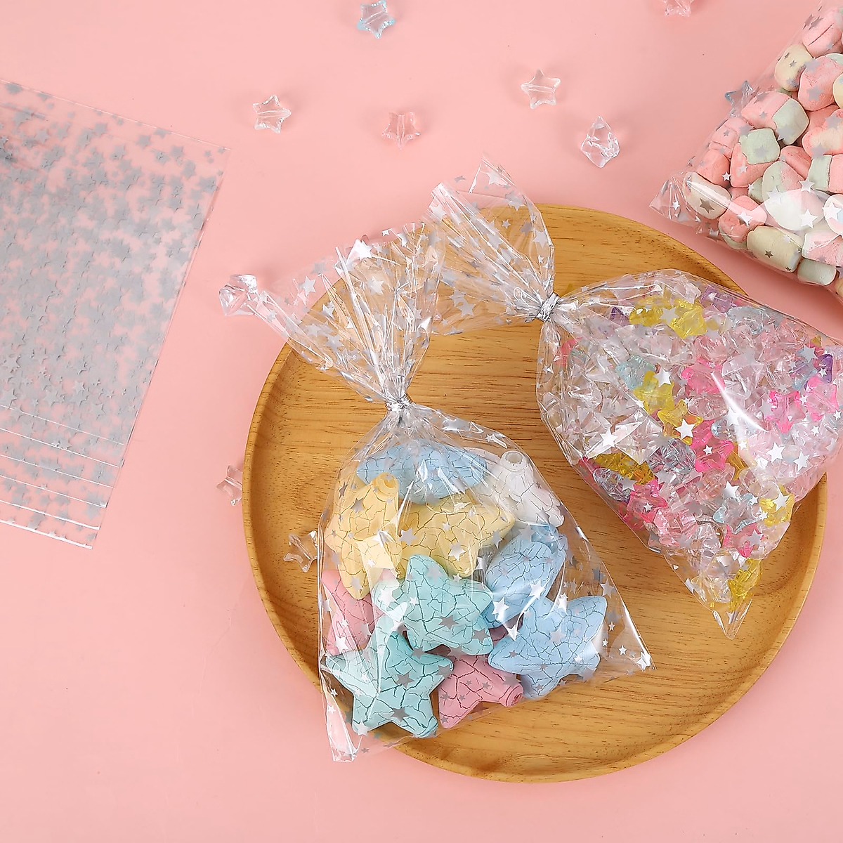 LEOSINDA 100 pcs Clear 6"X 10" Flat Gift Wrap Cellophane Bags Cello Bags Cookie Bags Treat Bags with Twist Ties Poly Bag 1.3 mil for Bakery, Cookie, Candies Silver Star Printed