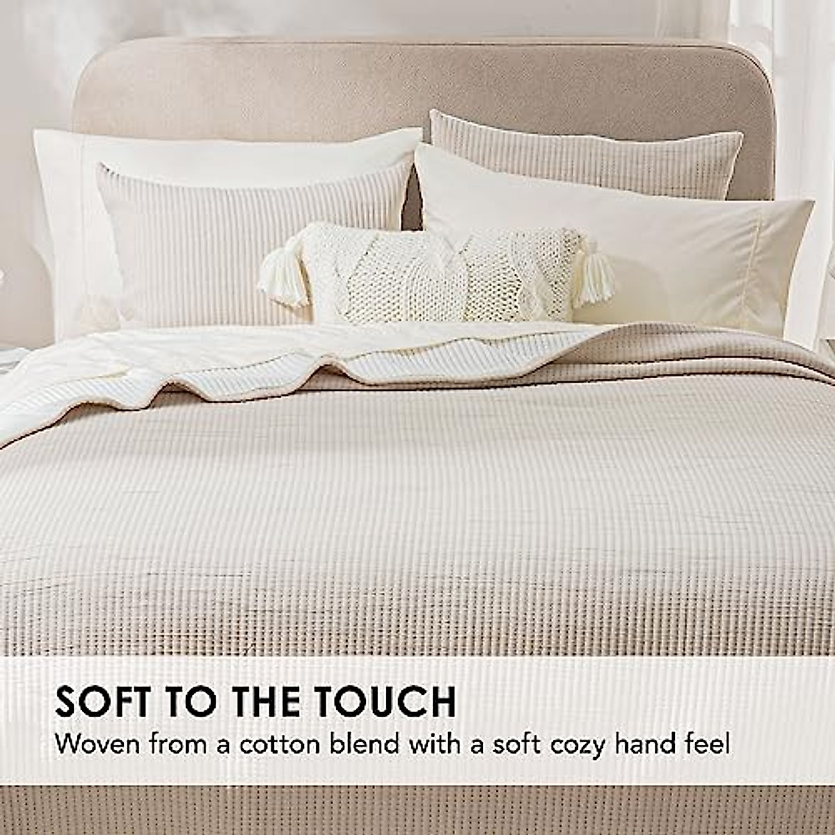 EVERGRACE Quilt King Size, Ultra Soft Cotton Blend Quilt Sets, Pre-Washed Channel Pick Stitch Bedding Sets, Reversible Oversized Bedspread, Lightweight Matelasse Coverlet with 2 Shams, Beige