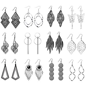 12 Pairs Drop Dangle Earrings Bohemian Long Earrings Vintage Statement Earrings for Women(Silver, Black)